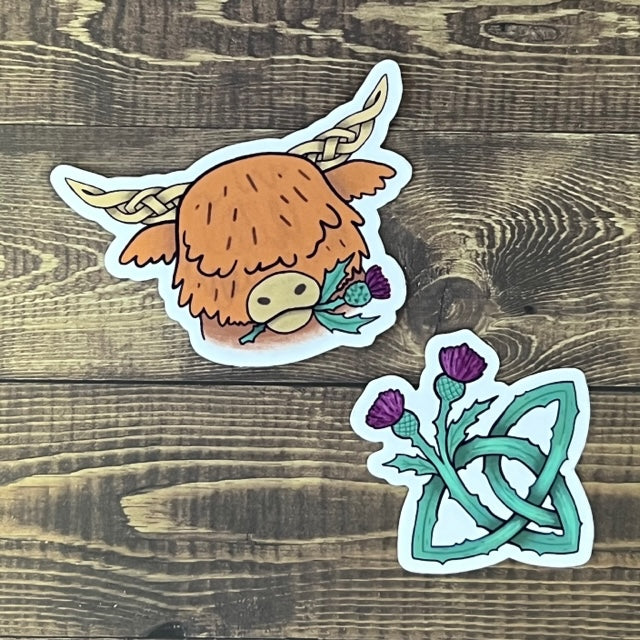 Highland Coo with Celtic Knot Horns 3 inch Sticker – Thistle & Stitch